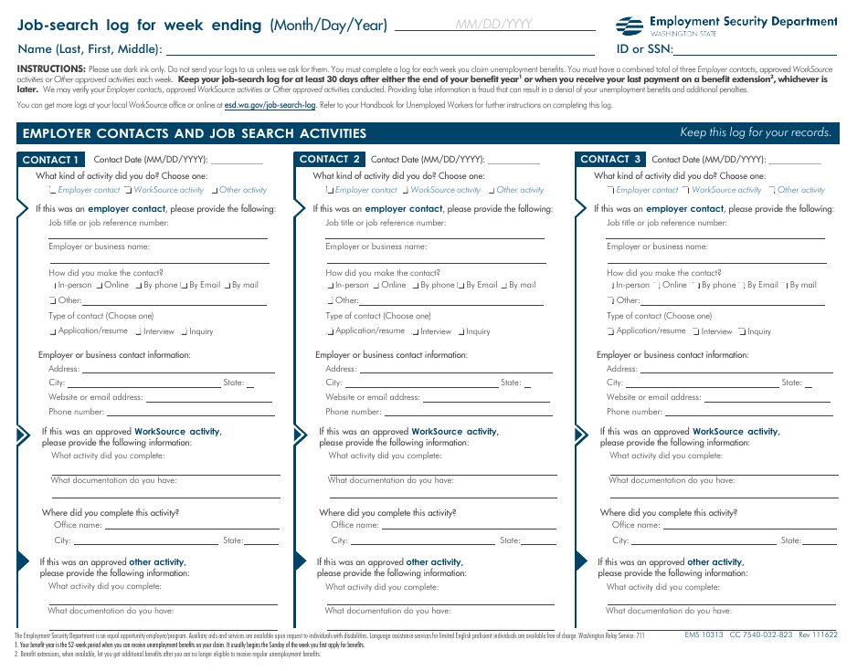 Form EMS10313 Download Fillable PDF or Fill Online Job-Search Log ...