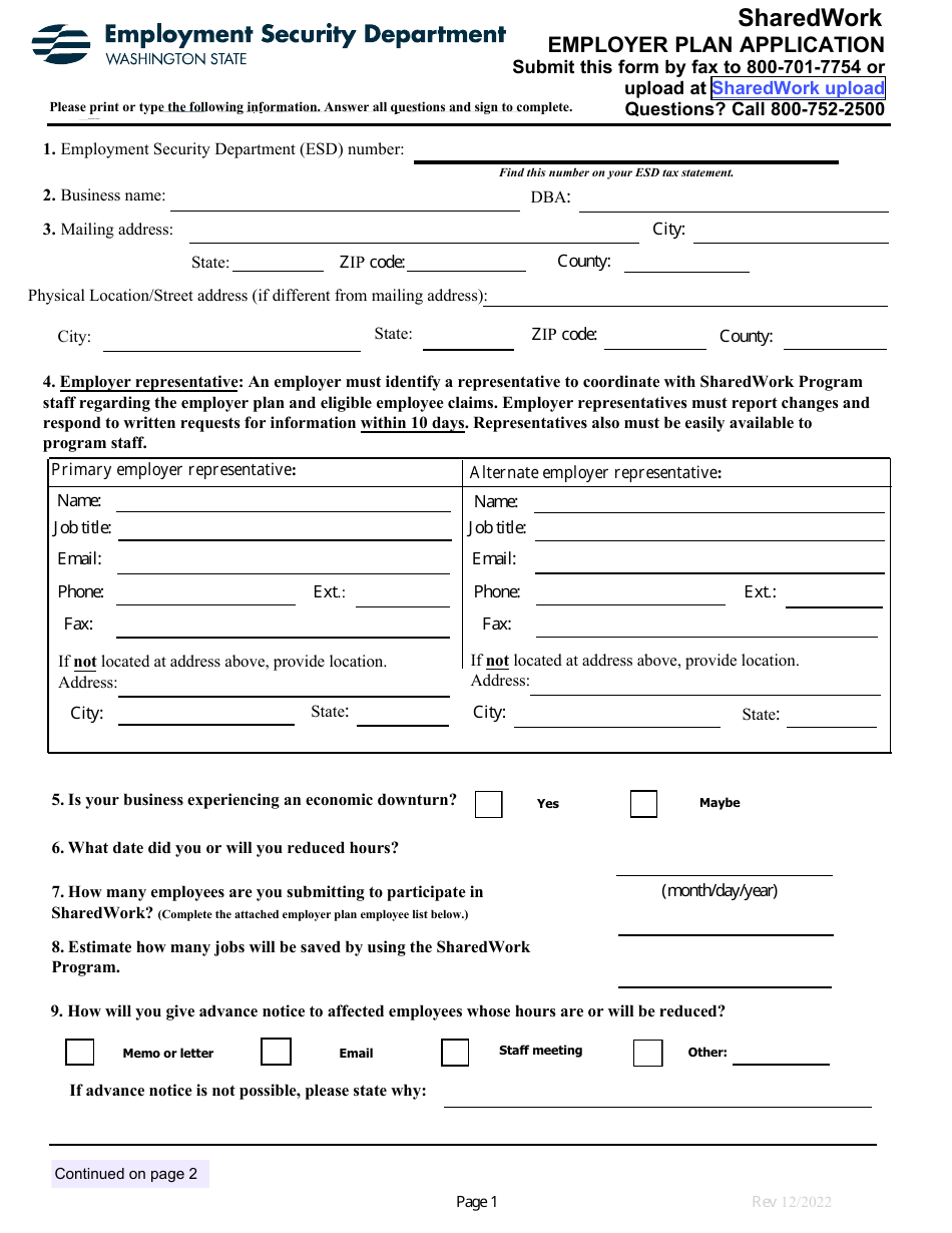 Washington Employer Plan Application - Sharedwork Download Fillable PDF ...