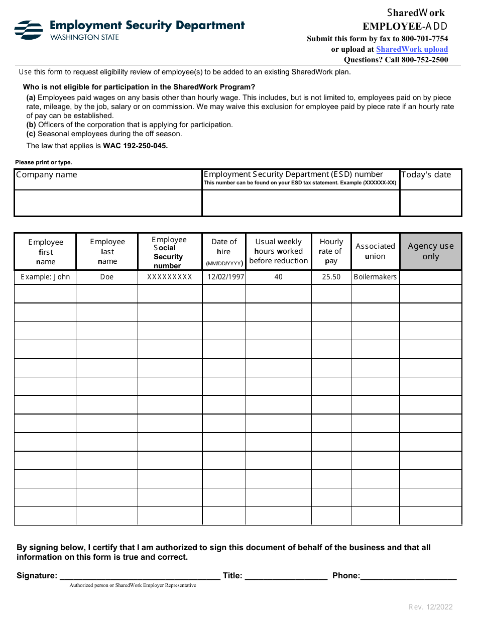 Washington Employee-Add - Sharedwork Download Fillable PDF | Templateroller