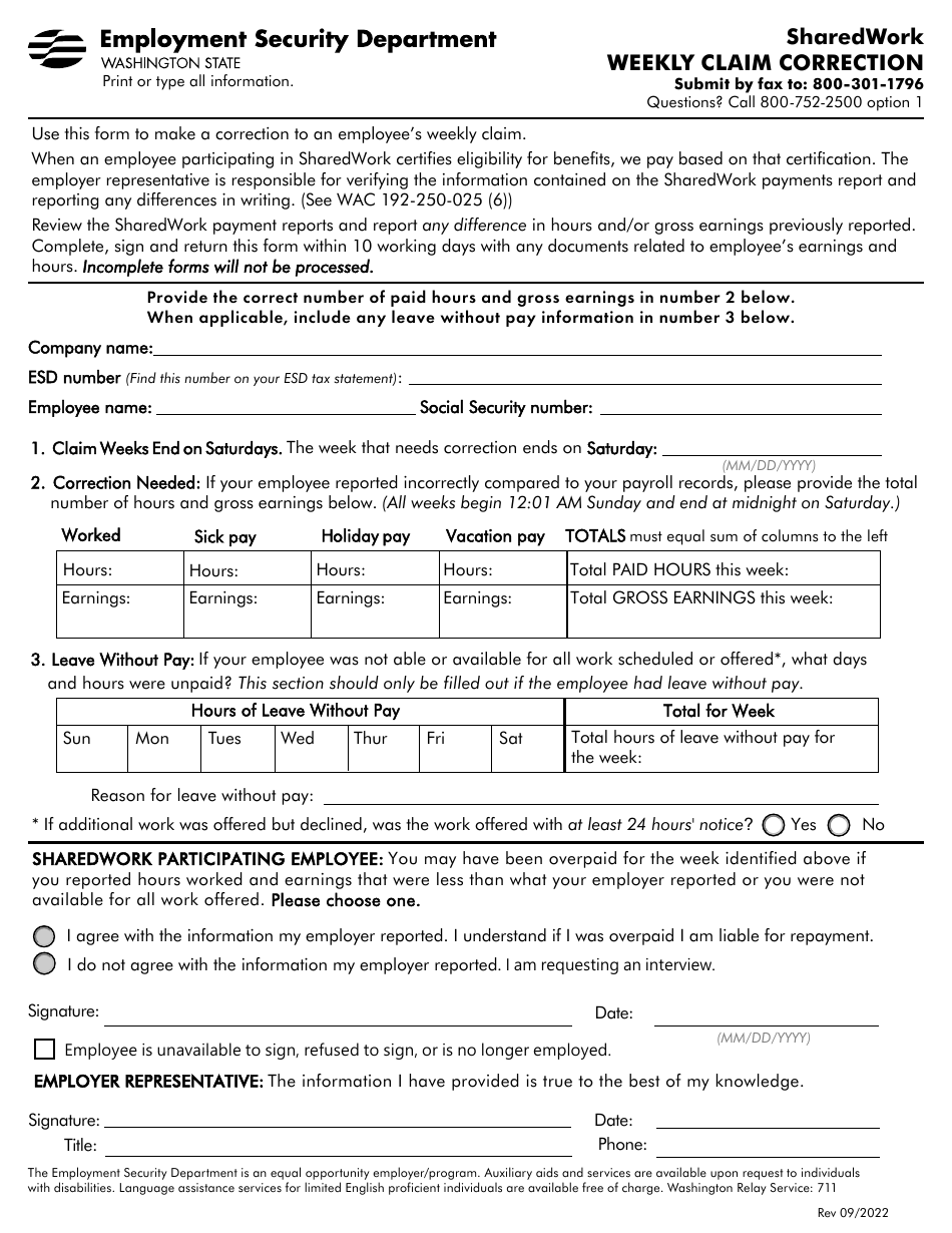 Washington Sharedwork Weekly Claim Correction - Fill Out, Sign Online and Download PDF ...