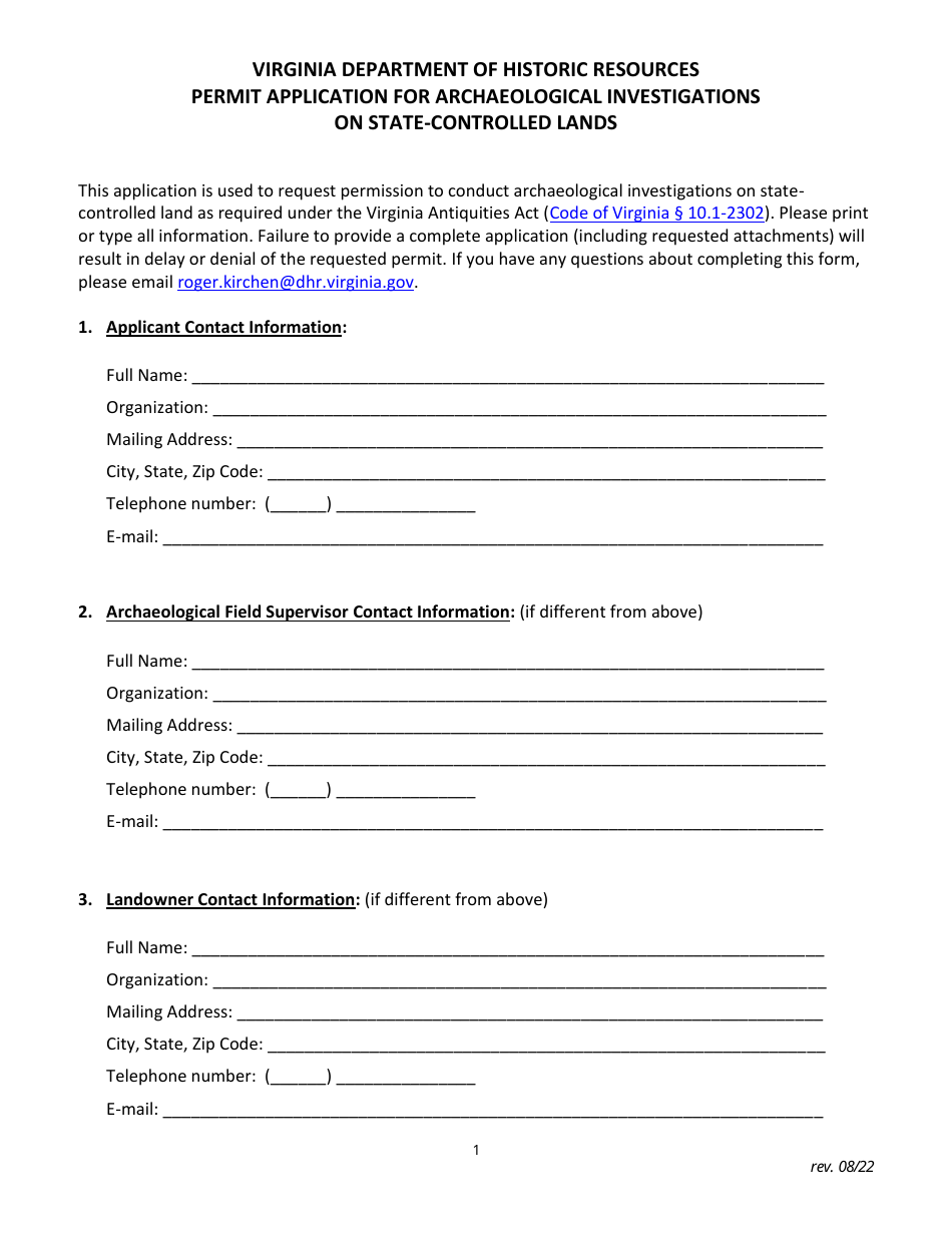 Virginia Permit Application for Archaeological Investigations on State ...