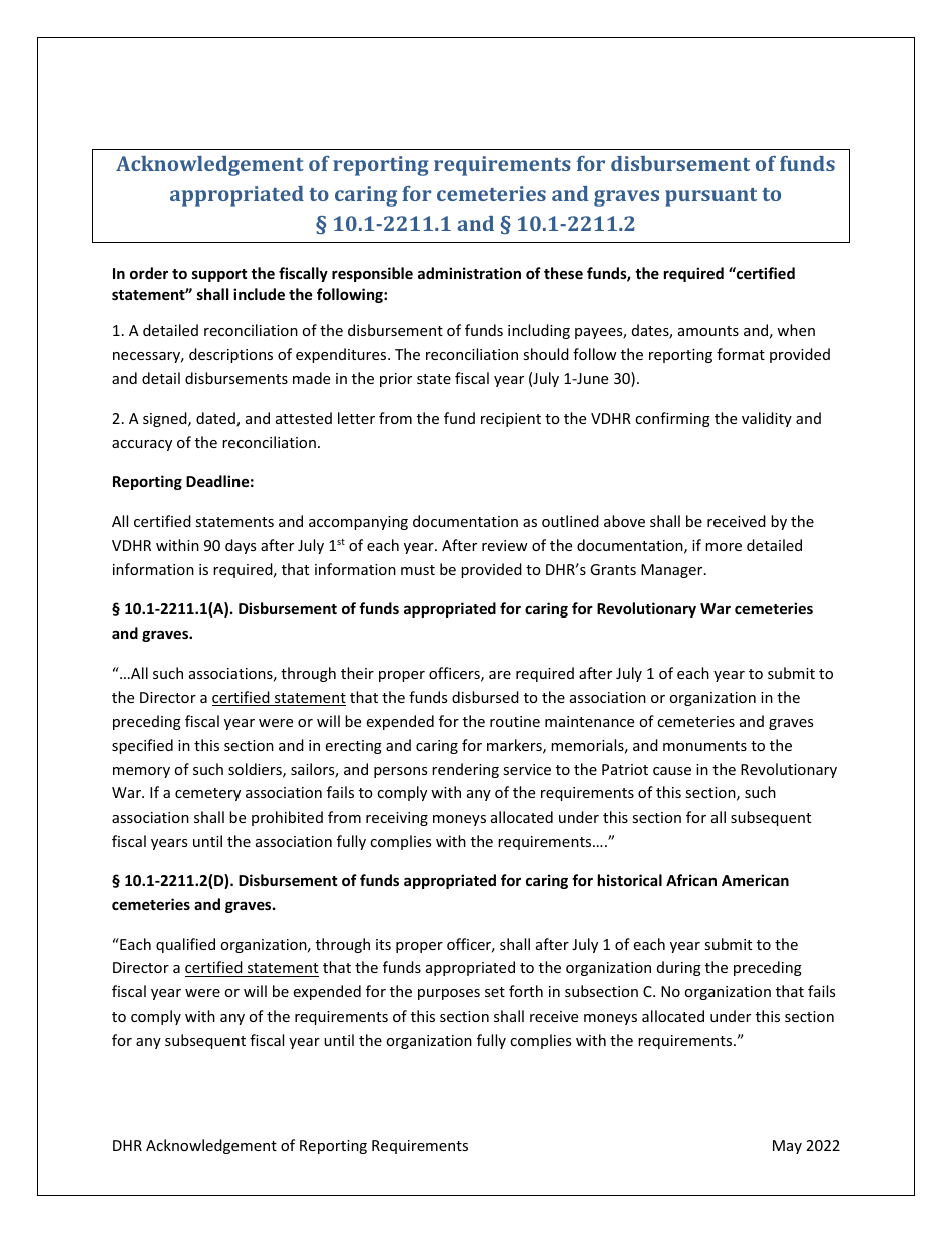 Virginia Acknowledgement of Reporting Requirements for Disbursement of ...