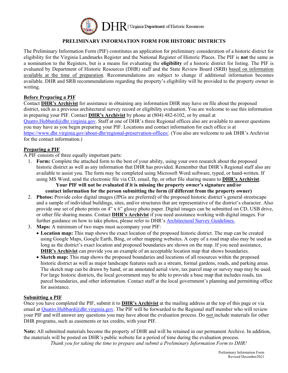 Virginia Preliminary Information Form (PIF) for Historic Districts ...