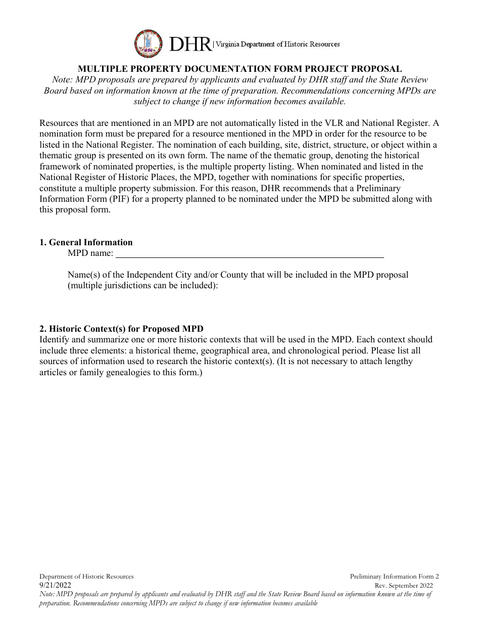 Virginia Multiple Property Documentation Form Project Proposal - Fill Out, Sign Online and ...