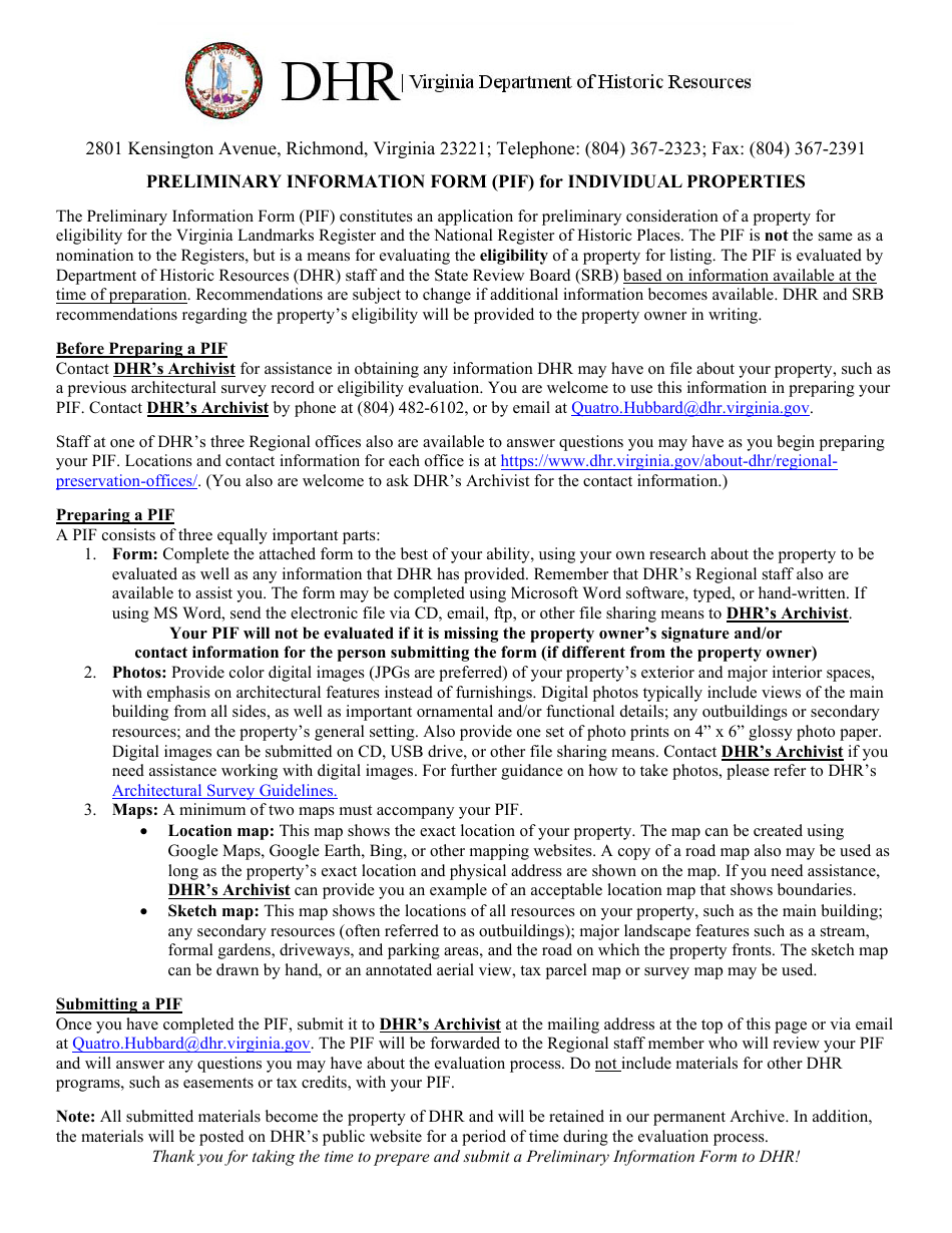 Virginia Preliminary Information Form (PIF) for Individual Properties - Fill Out, Sign Online ...
