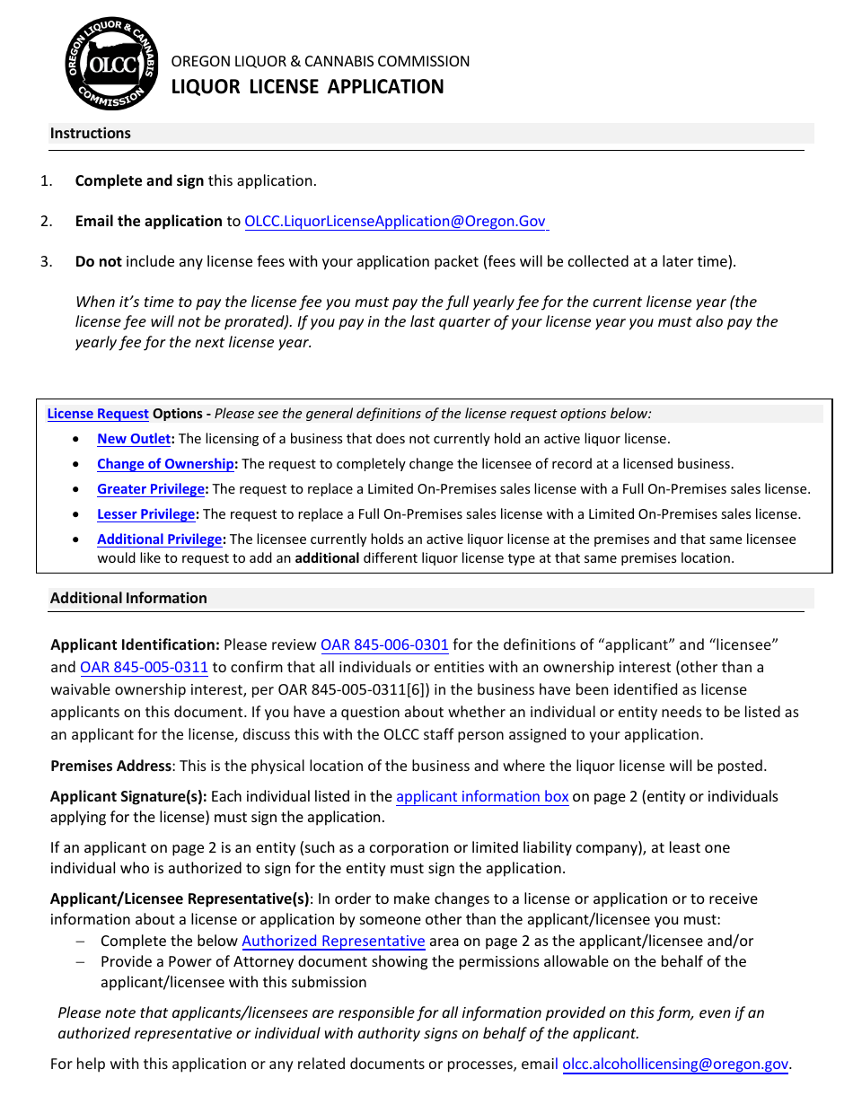 Oregon Liquor License Application - Fill Out, Sign Online and Download ...