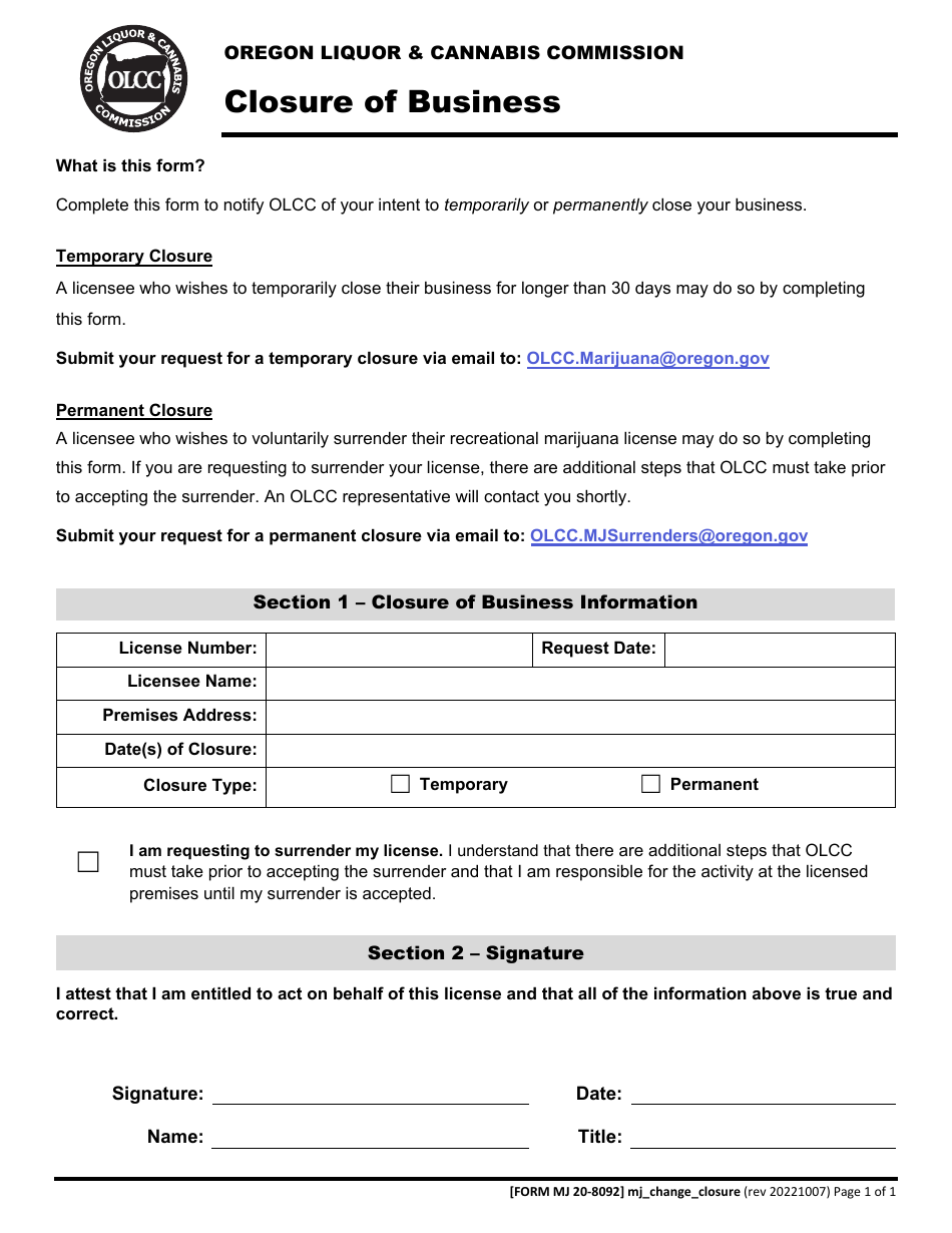 Form MJ20-8092 Download Fillable PDF or Fill Online Closure of Business ...
