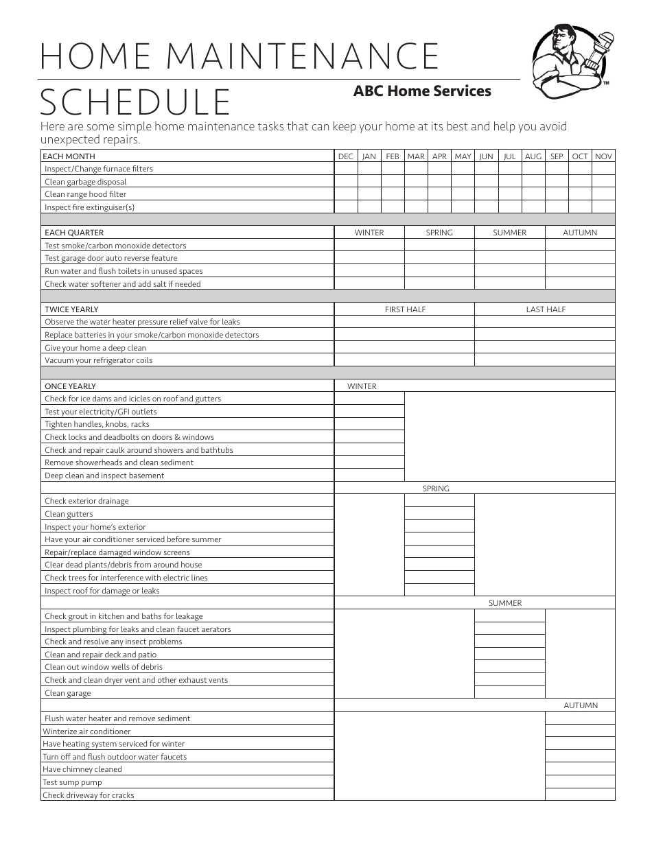 Home Maintenance Schedule Template - Abc Home Services Download ...