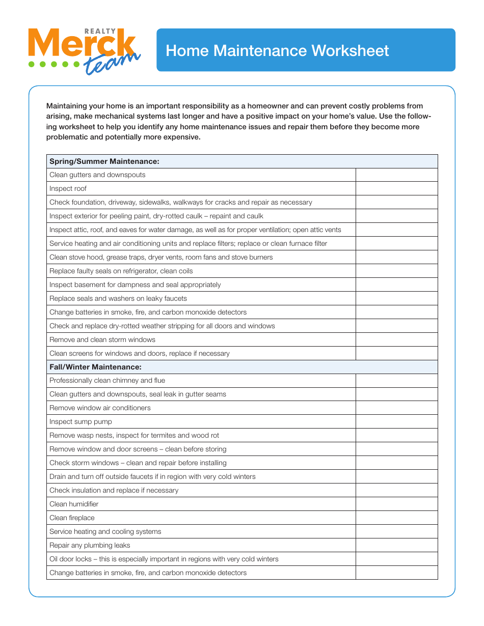 Home Maintenance Worksheet Template - Realty Merck Team Download ...
