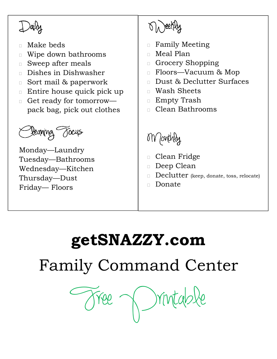 Daily, Weekly and Monthly Cleaning and Home Checklist Template Download ...