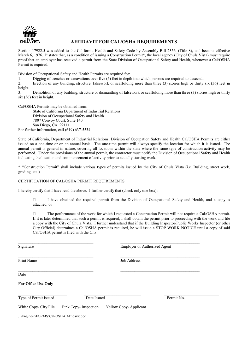 City of Chula Vista, California Affidavit for Cal/Osha Requirements ...