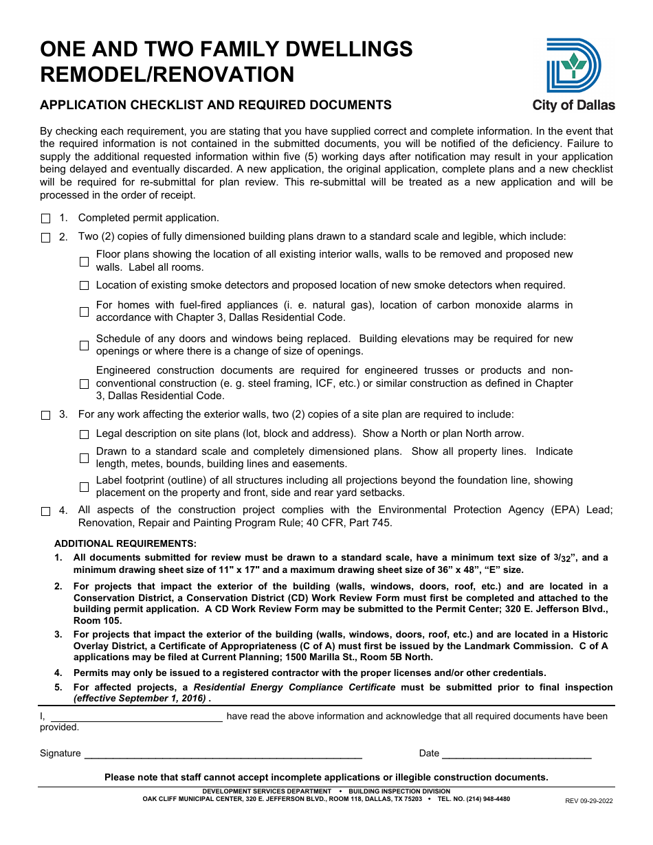 City of Dallas, Texas One and Two Family Dwellings Remodel/Renovation Application Checklist ...