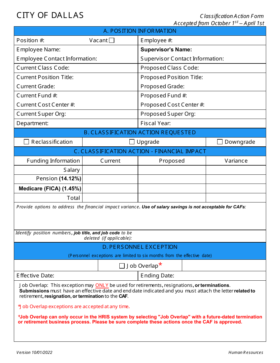 City of Dallas, Texas Classification Action Form - Fill Out, Sign ...