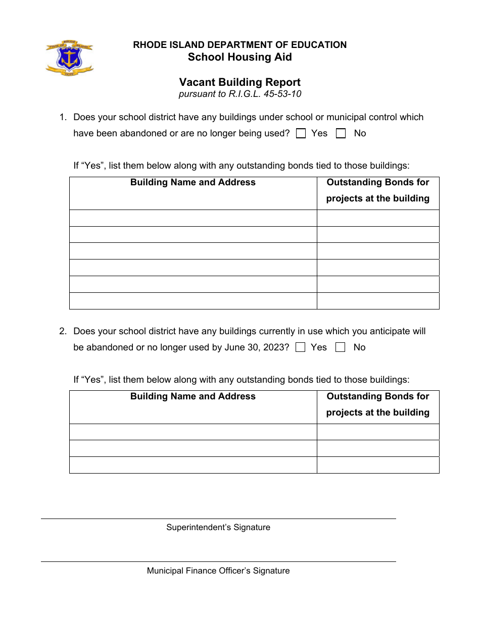 Rhode Island Vacant Building Report - School Housing Aid - Fill Out ...