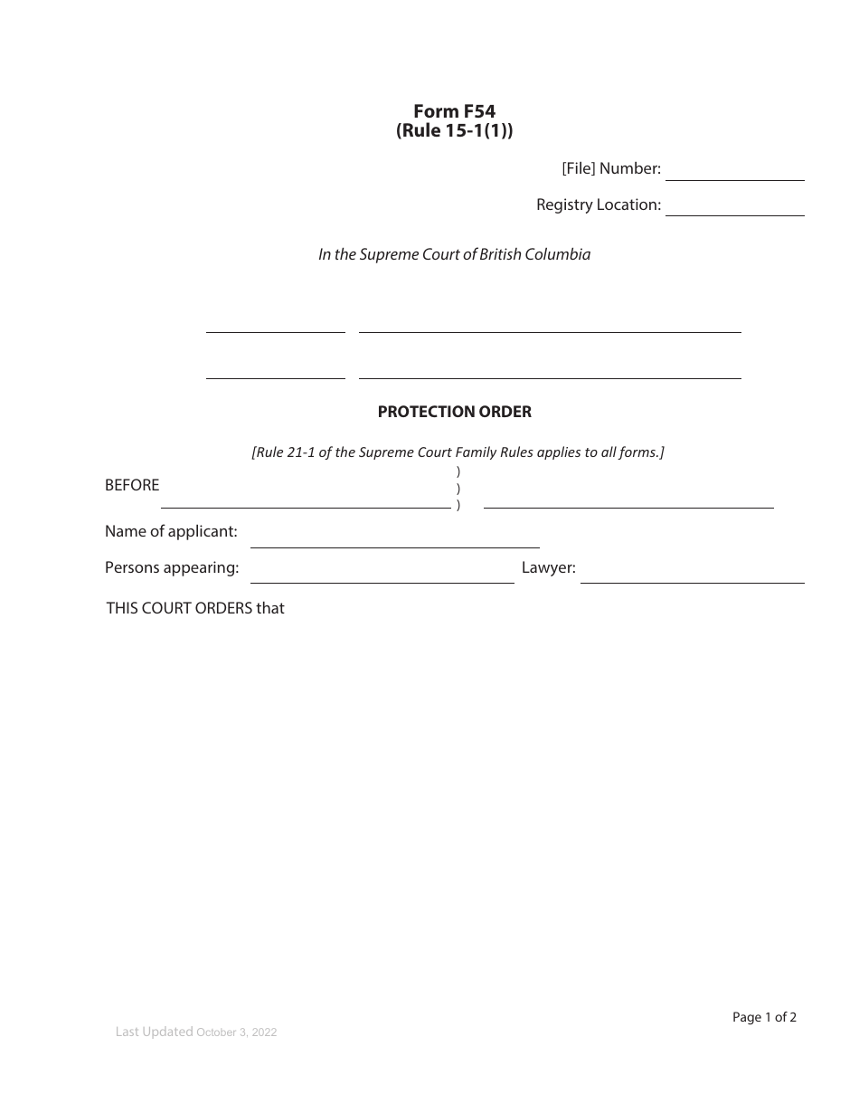 Form F54 Download Fillable PDF or Fill Online Protection Order, British ...
