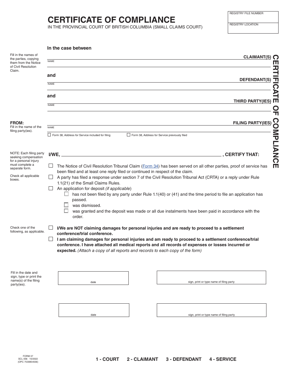 Form 37 (SCL056) - Fill Out, Sign Online and Download Fillable PDF ...