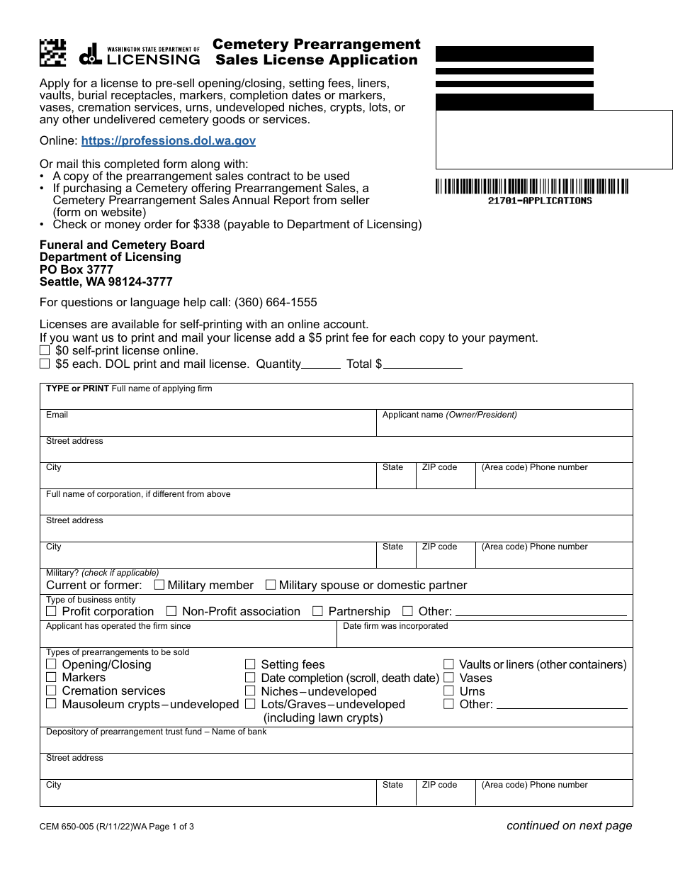 Form CEM650-005 Download Fillable PDF or Fill Online Cemetery ...