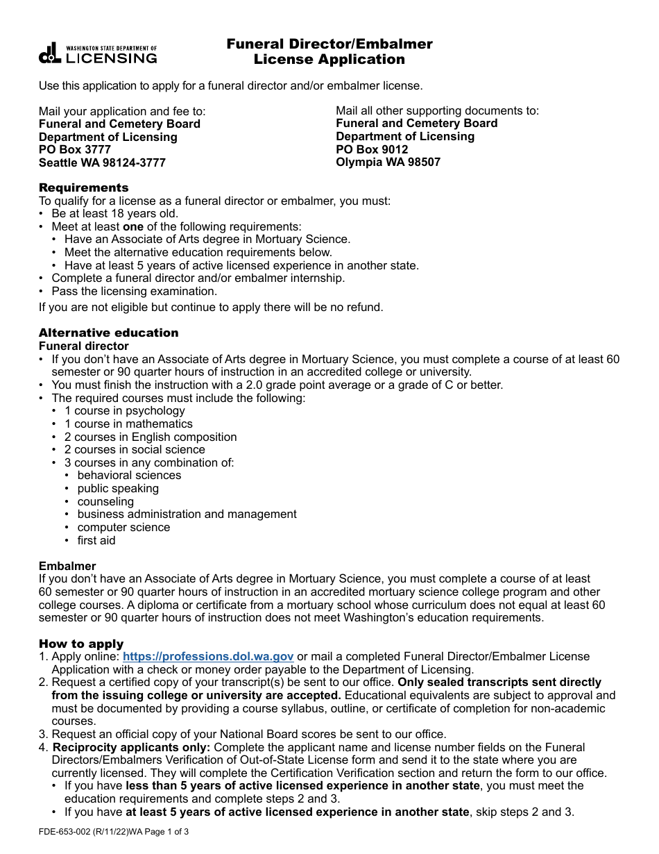 Form FDE-653-002 Download Fillable PDF or Fill Online Funeral Director ...