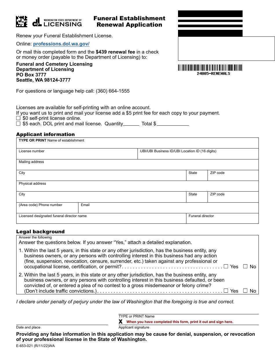 Form E-653-021 Download Fillable PDF or Fill Online Funeral ...
