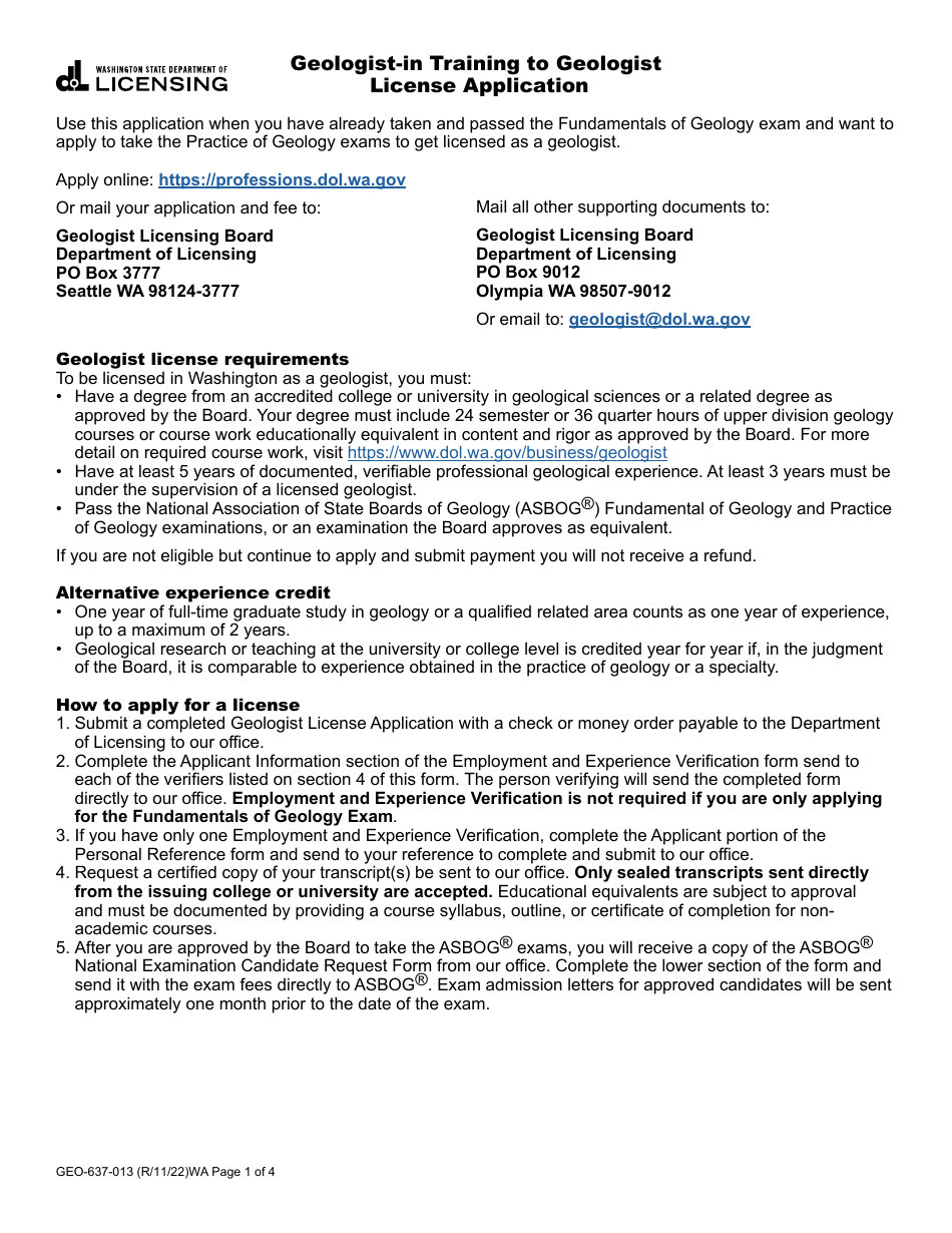 Form GEO-637-013 Download Fillable PDF or Fill Online Geologist-In ...