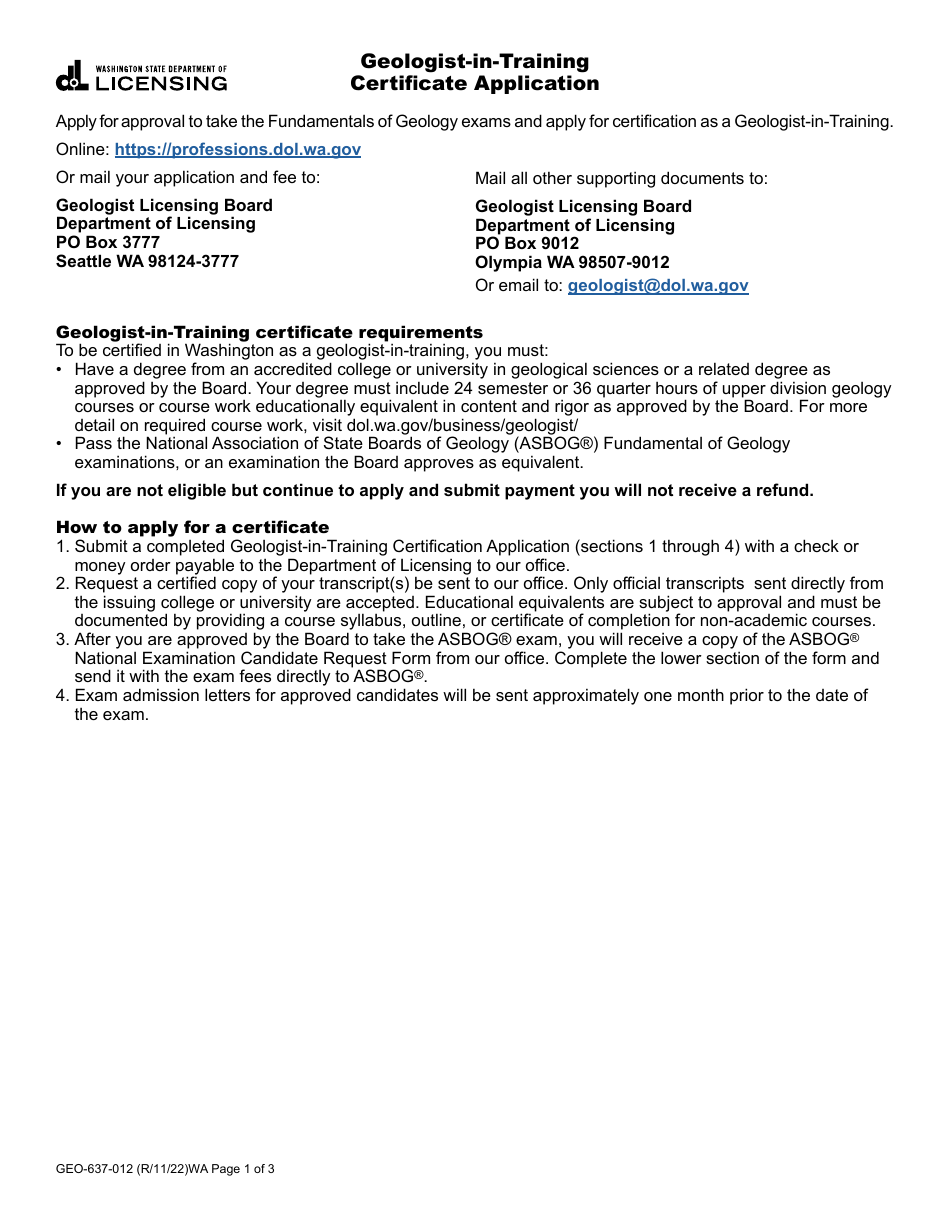 Form GEO-637-012 Download Fillable PDF or Fill Online Geologist-In ...