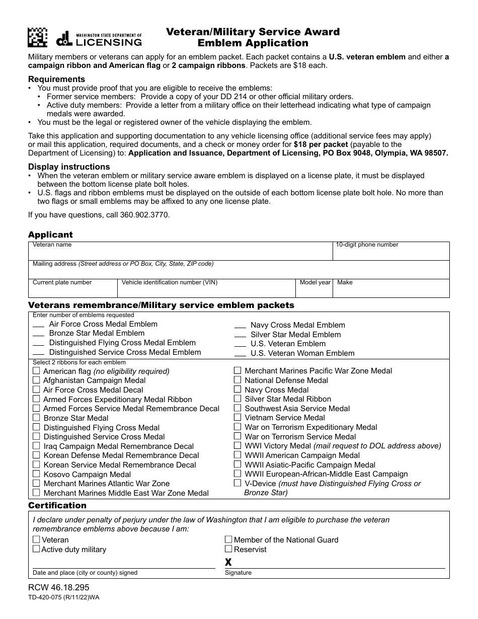 Form TD-420-075 Download Fillable PDF or Fill Online Veteran/Military ...