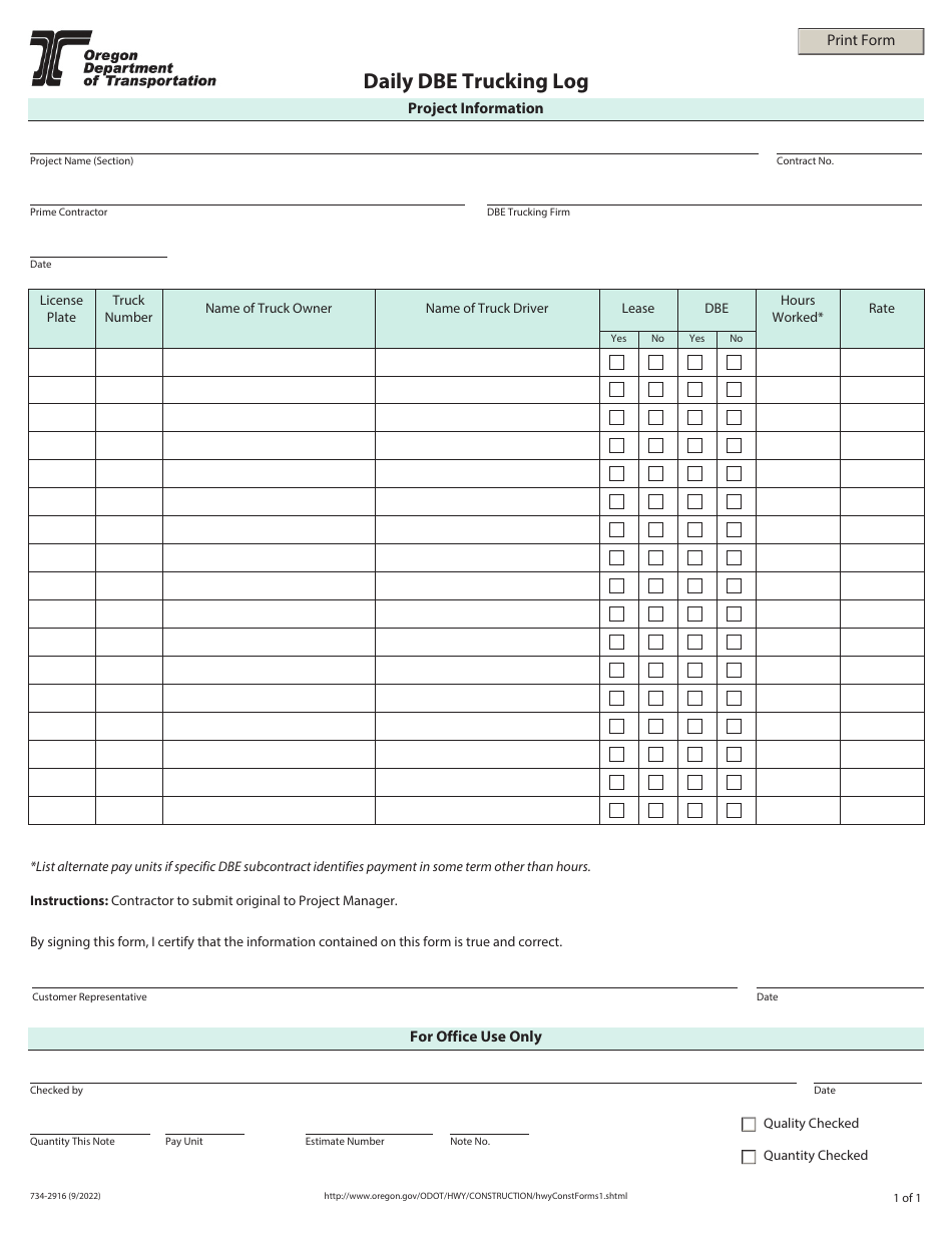 Form 734-2916 Download Fillable PDF or Fill Online Daily Dbe Trucking ...