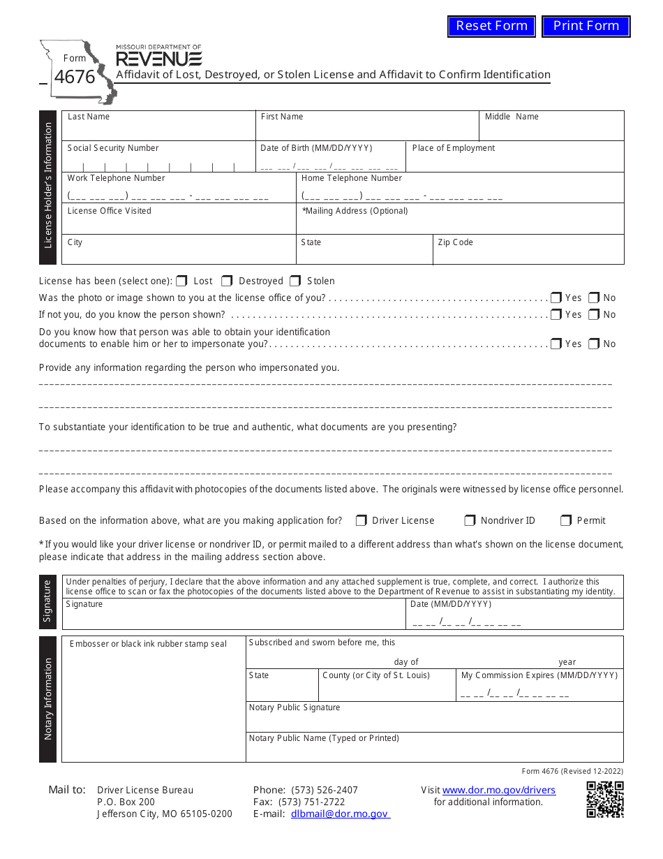 Form 4676 - Fill Out, Sign Online and Download Fillable PDF, Missouri ...