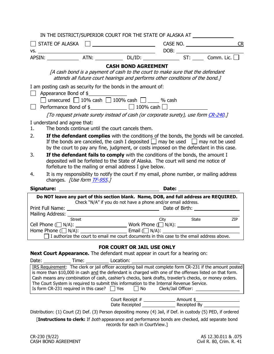 Form CR-230 Download Fillable PDF or Fill Online Cash Bond Agreement ...