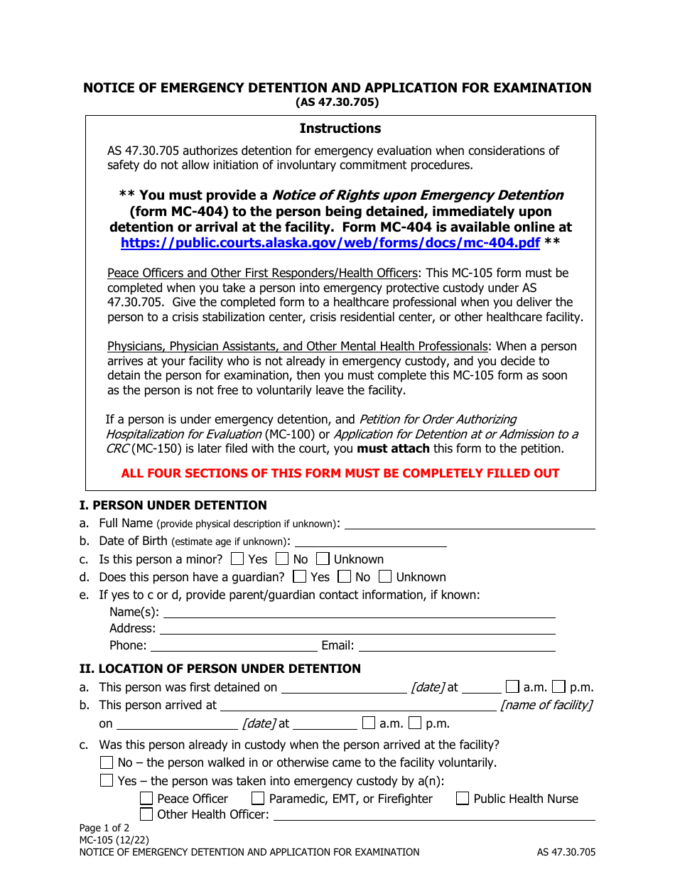 Form MC-105 Download Fillable PDF or Fill Online Notice of Emergency ...