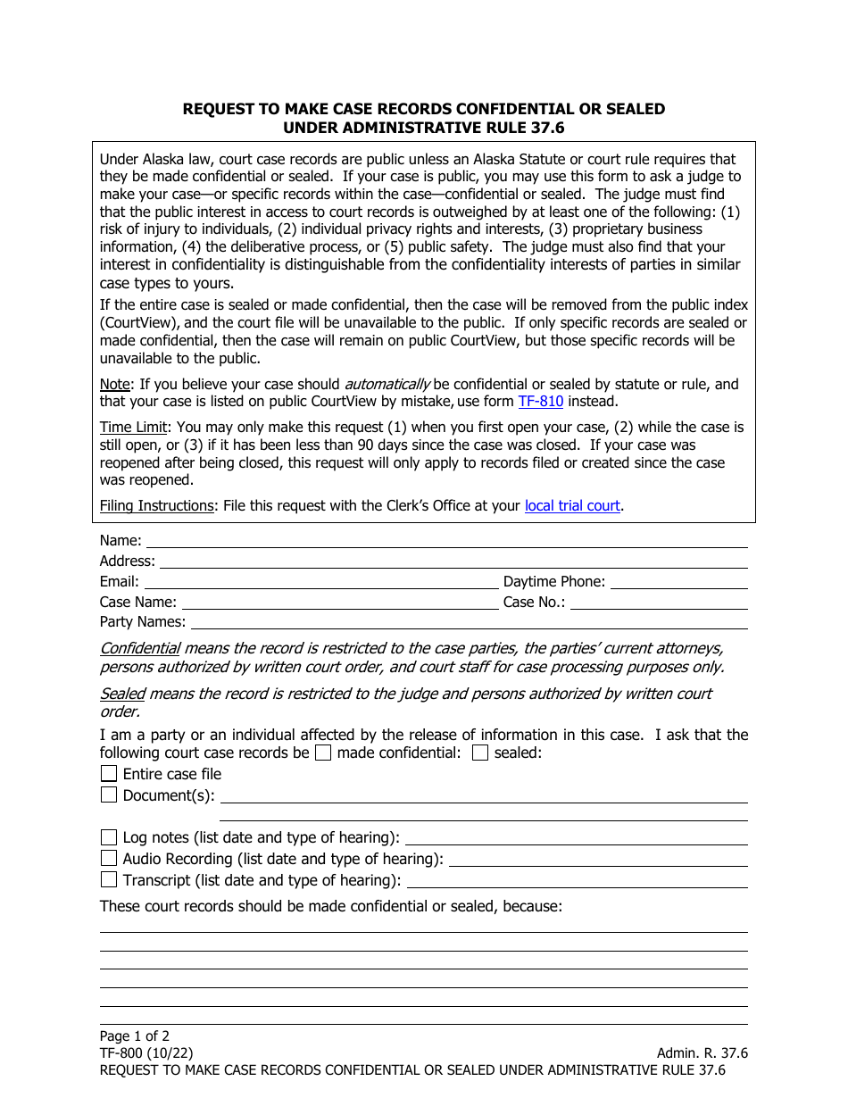 Form TF-800 Download Fillable PDF or Fill Online Request to Make Case Records Confidential or ...