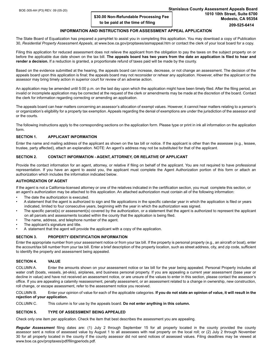 Download Instructions for Form BOE-305-AH Assessment Appeal Application ...