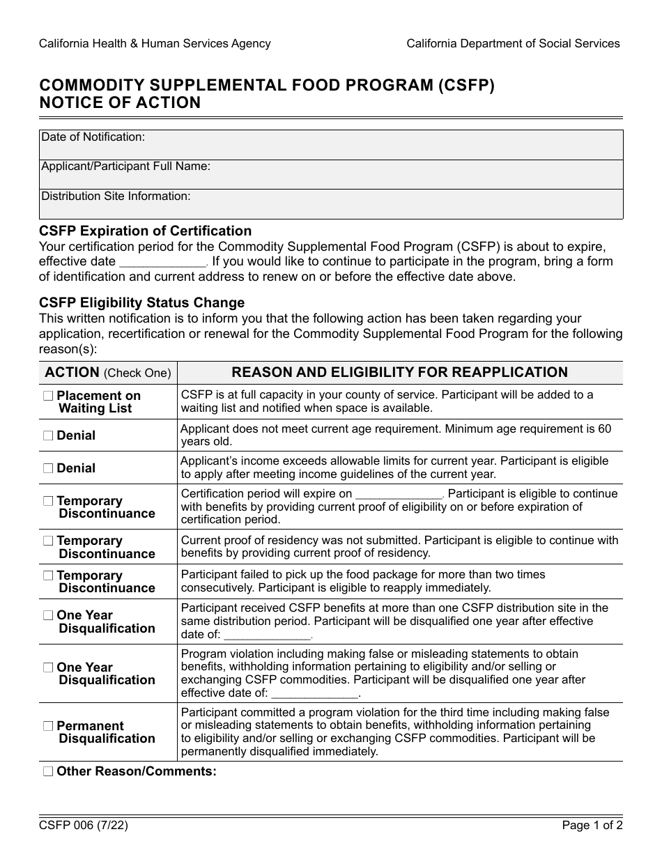 Form CSFP006 - Fill Out, Sign Online and Download Fillable PDF ...