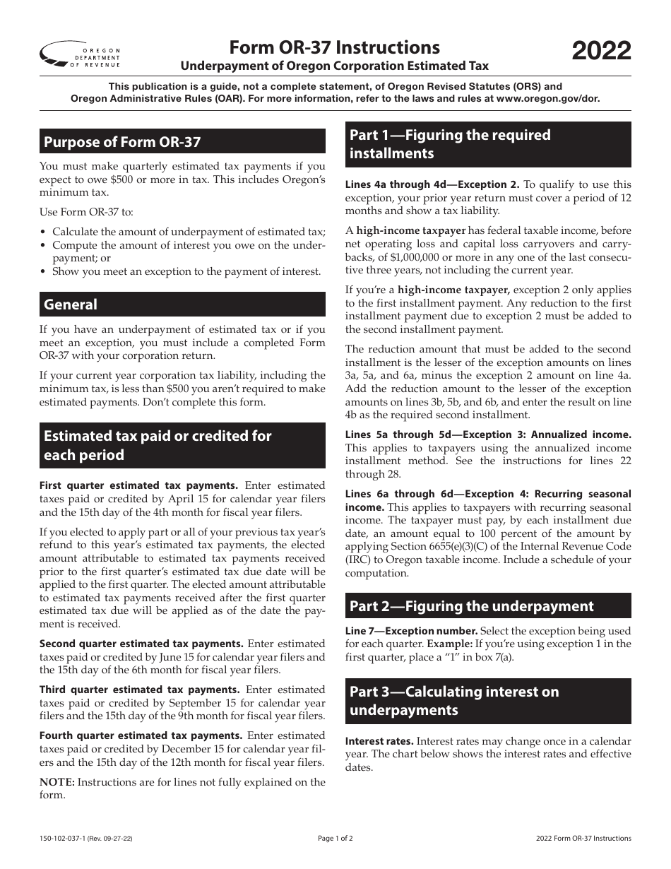 Download Instructions for Form OR-37, 150-102-037 Underpayment of Oregon Corporation Estimated ...