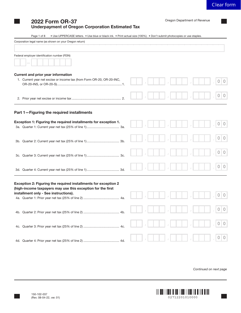 Form OR-37 (150-102-037) - 2022 - Fill Out, Sign Online and Download Fillable PDF, Oregon ...