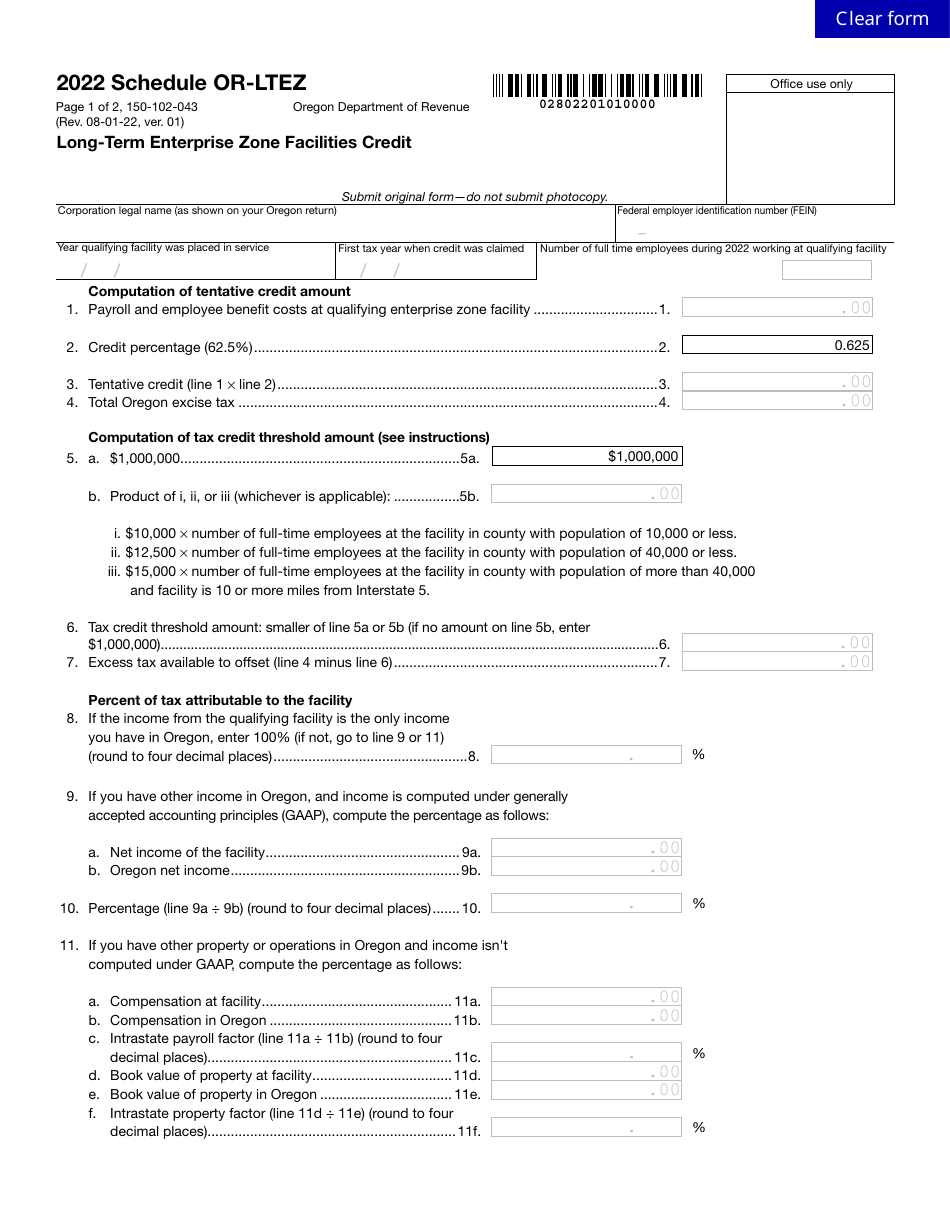 Form 150-102-043 Schedule OR-LTEZ - 2022 - Fill Out, Sign Online and Download Fillable PDF ...
