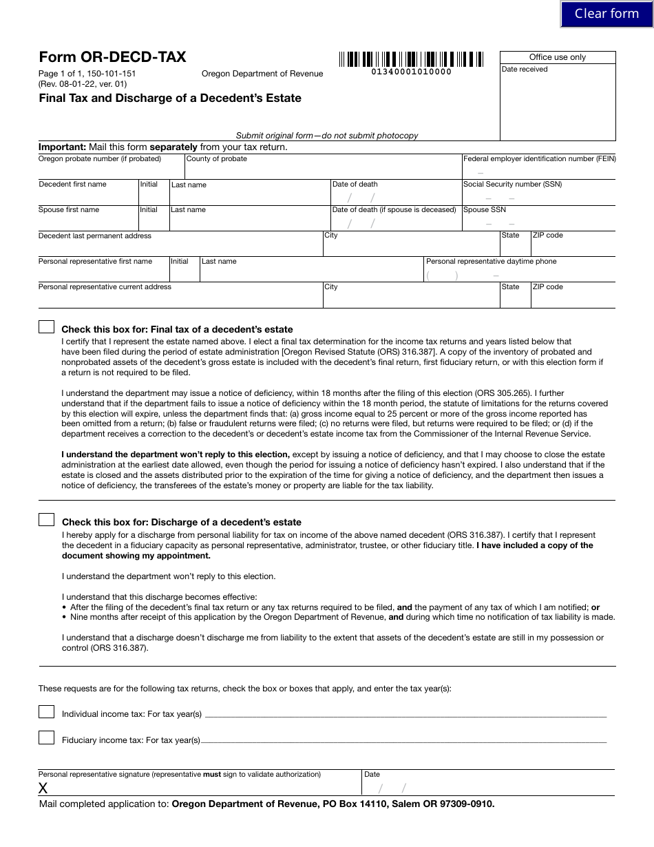 Form OR-DECD-TAX (150-101-151) - Fill Out, Sign Online and Download ...