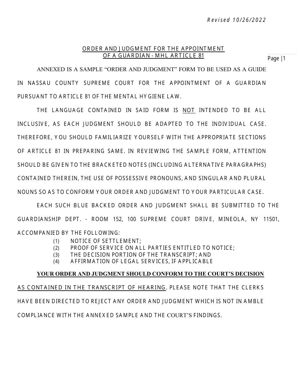 Nassau County, New York Order and Judgement Appointing Guardian - Fill ...