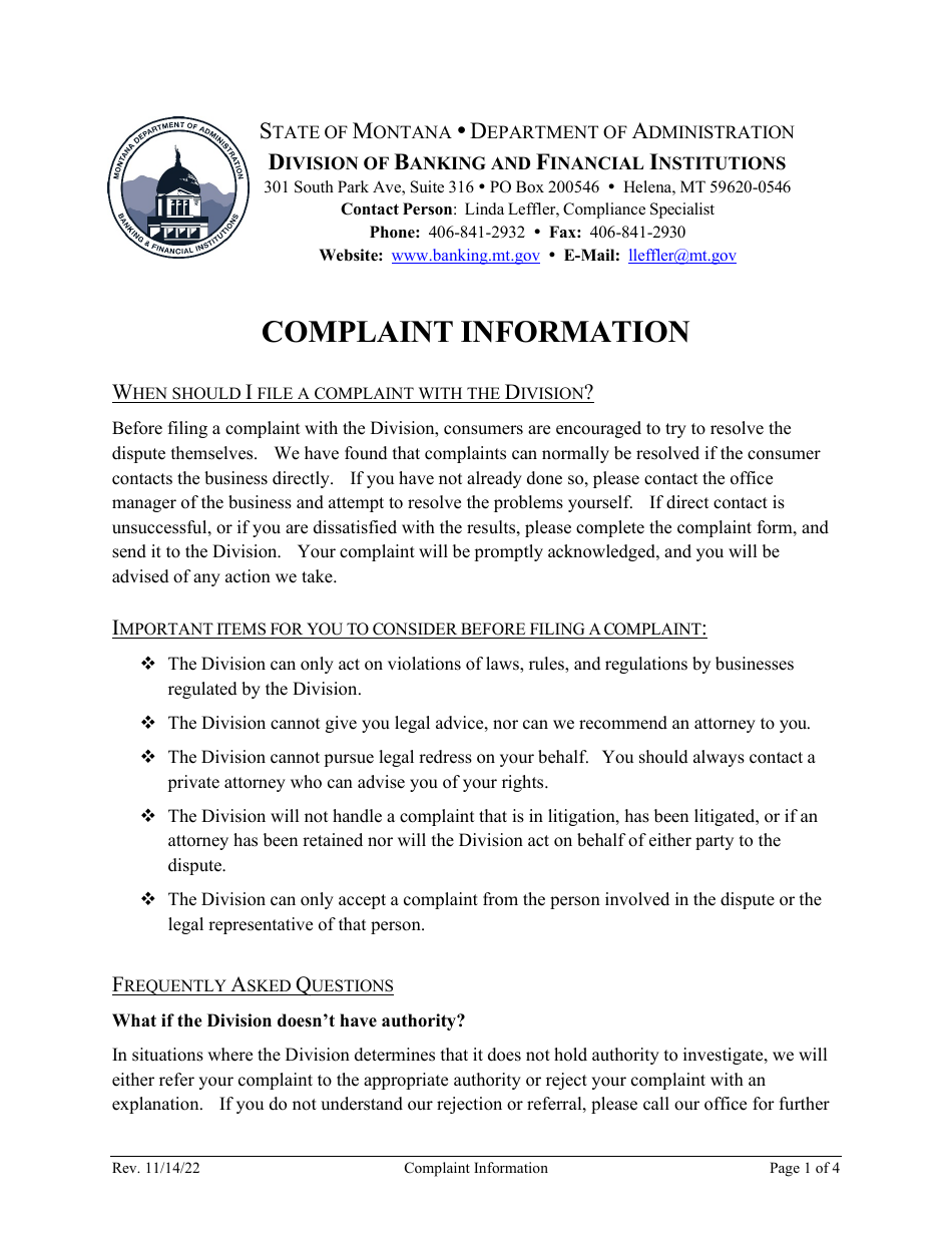 Montana Complaint Form - Fill Out, Sign Online and Download PDF ...