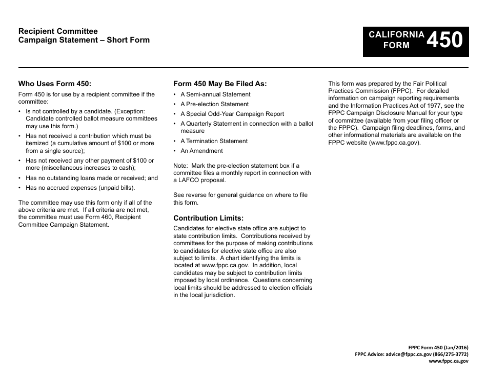 FPPC Form 450 - Fill Out, Sign Online and Download Fillable PDF ...