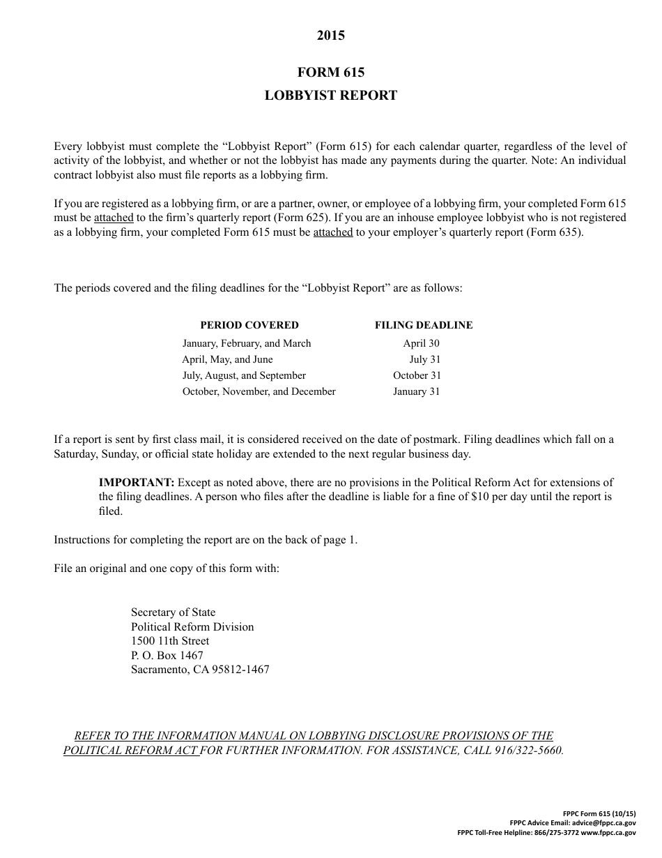 FPPC Form 615 Download Fillable PDF or Fill Online Lobbyist Report ...