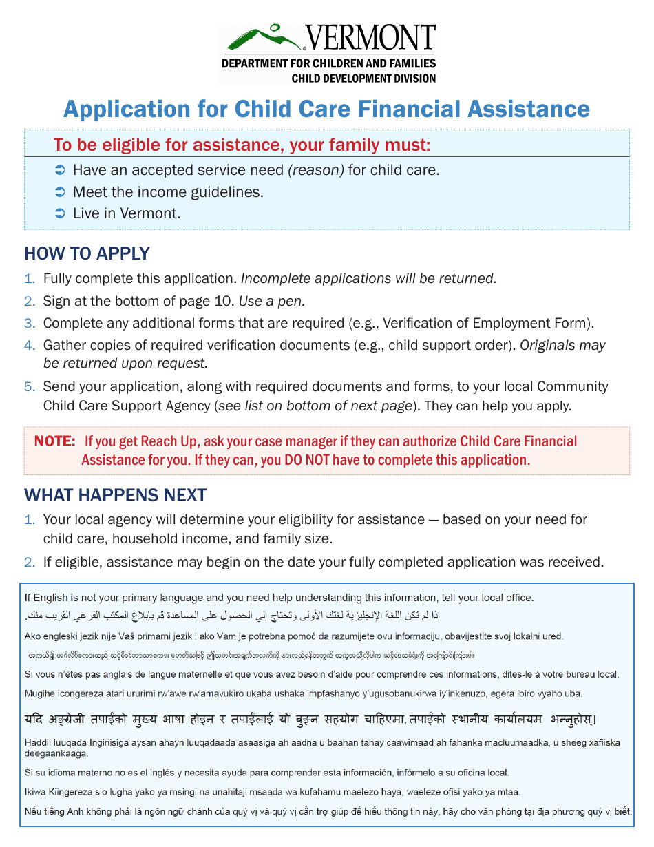 Vermont Application for Child Care Financial Assistance Download ...