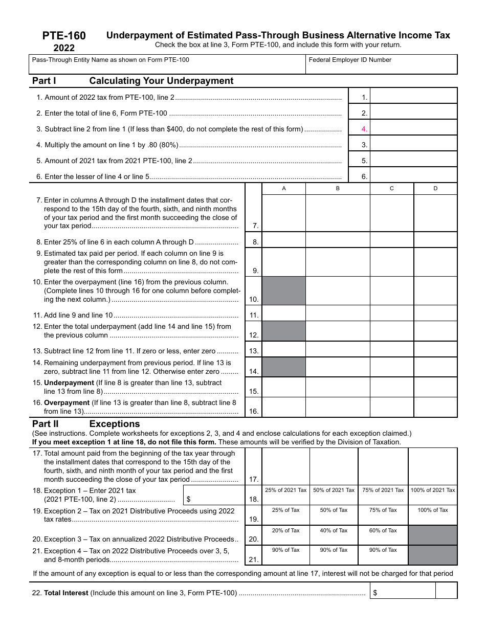 Form PTE-160 Download Fillable PDF or Fill Online Underpayment of ...