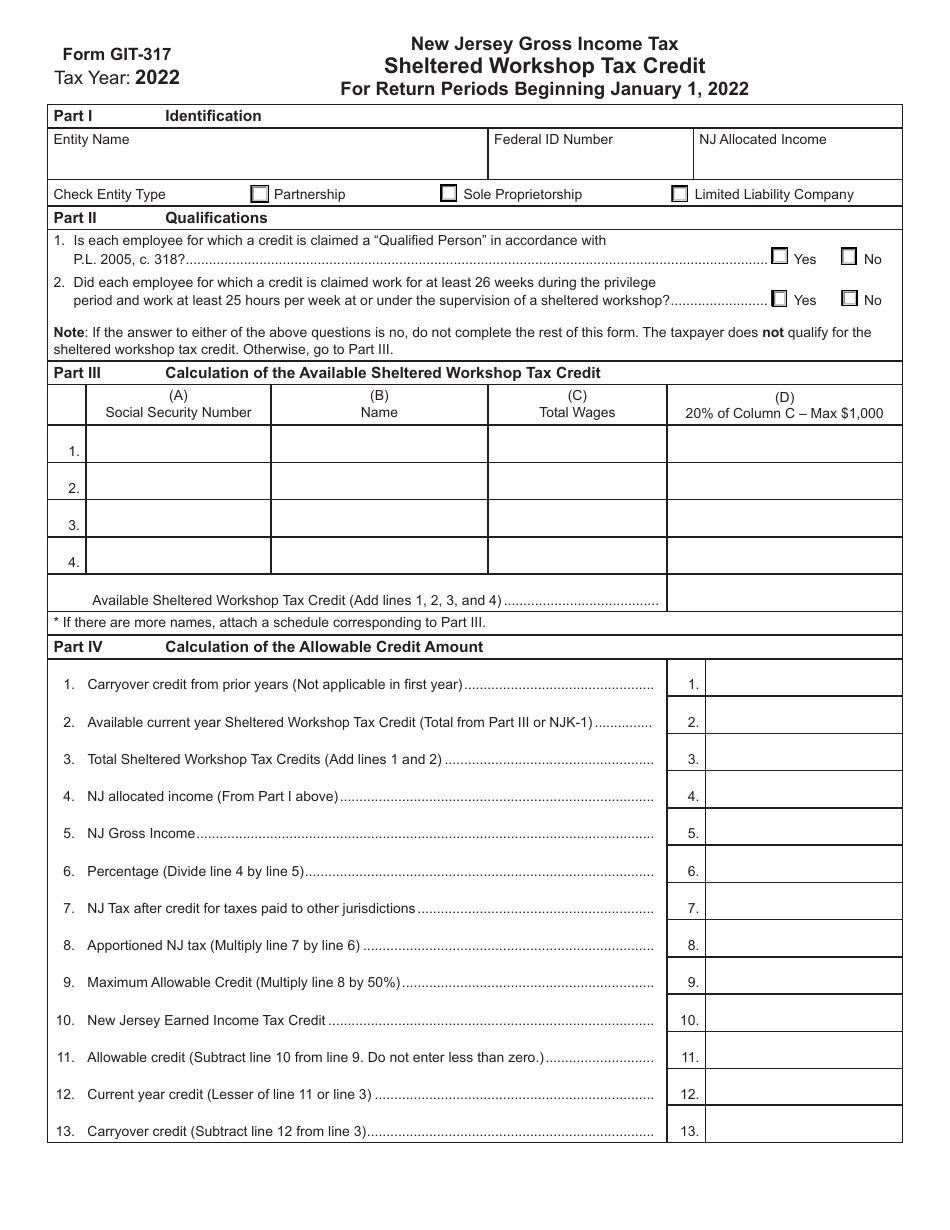 Form GIT-317 Download Fillable PDF or Fill Online Sheltered Workshop ...