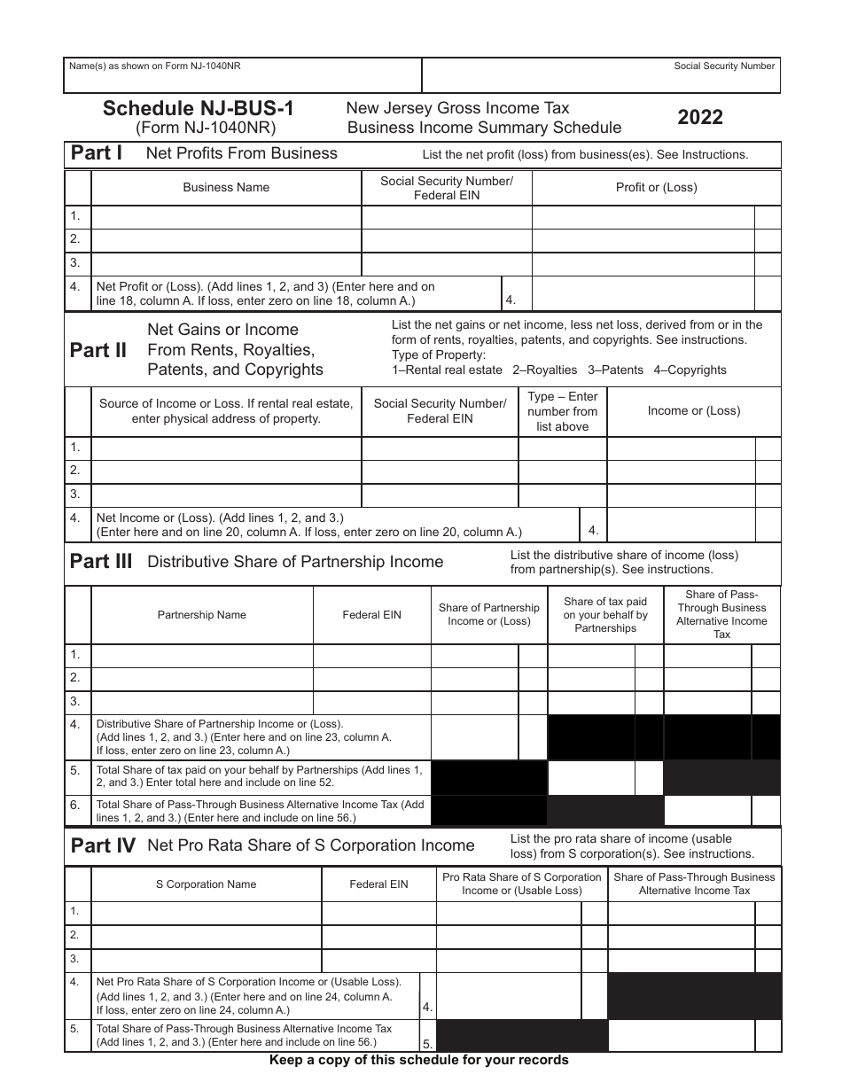 Form NJ-1040NR Schedule NJ-BUS-1 Download Fillable PDF or Fill Online ...