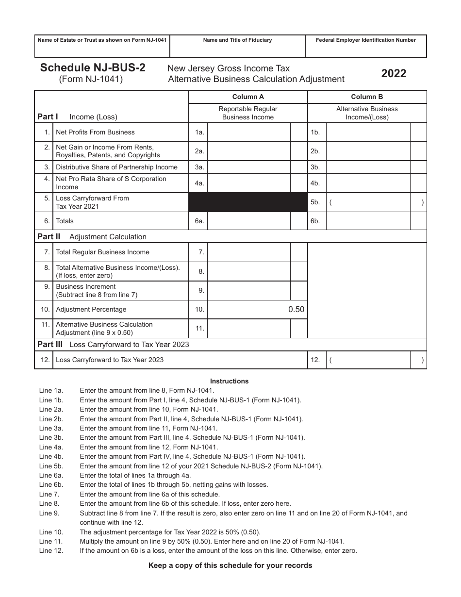 Form NJ-1041 Schedule NJ-BUS-2 Download Fillable PDF or Fill Online New ...
