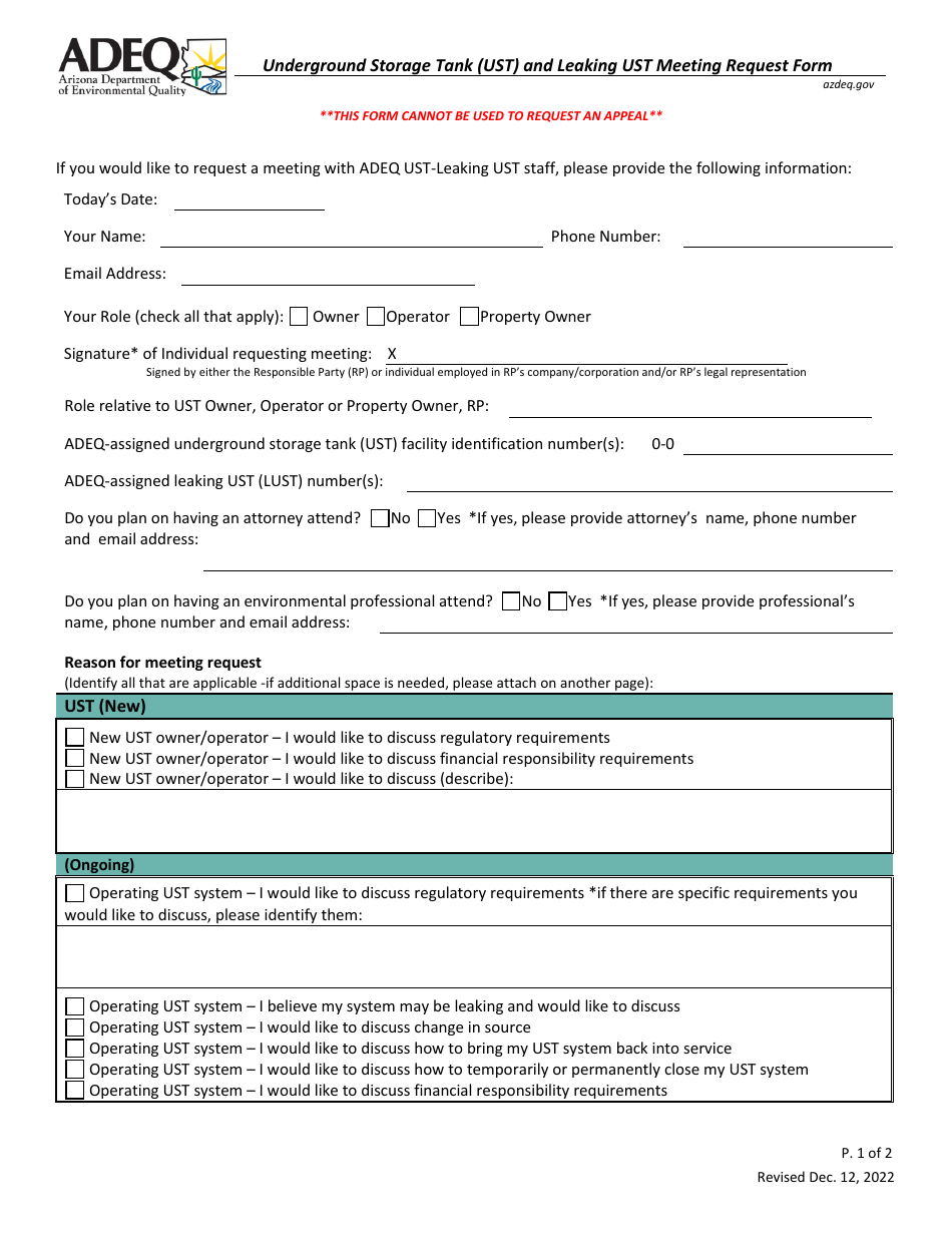 Arizona Underground Storage Tank (Ust) and Leaking Ust Meeting Request ...