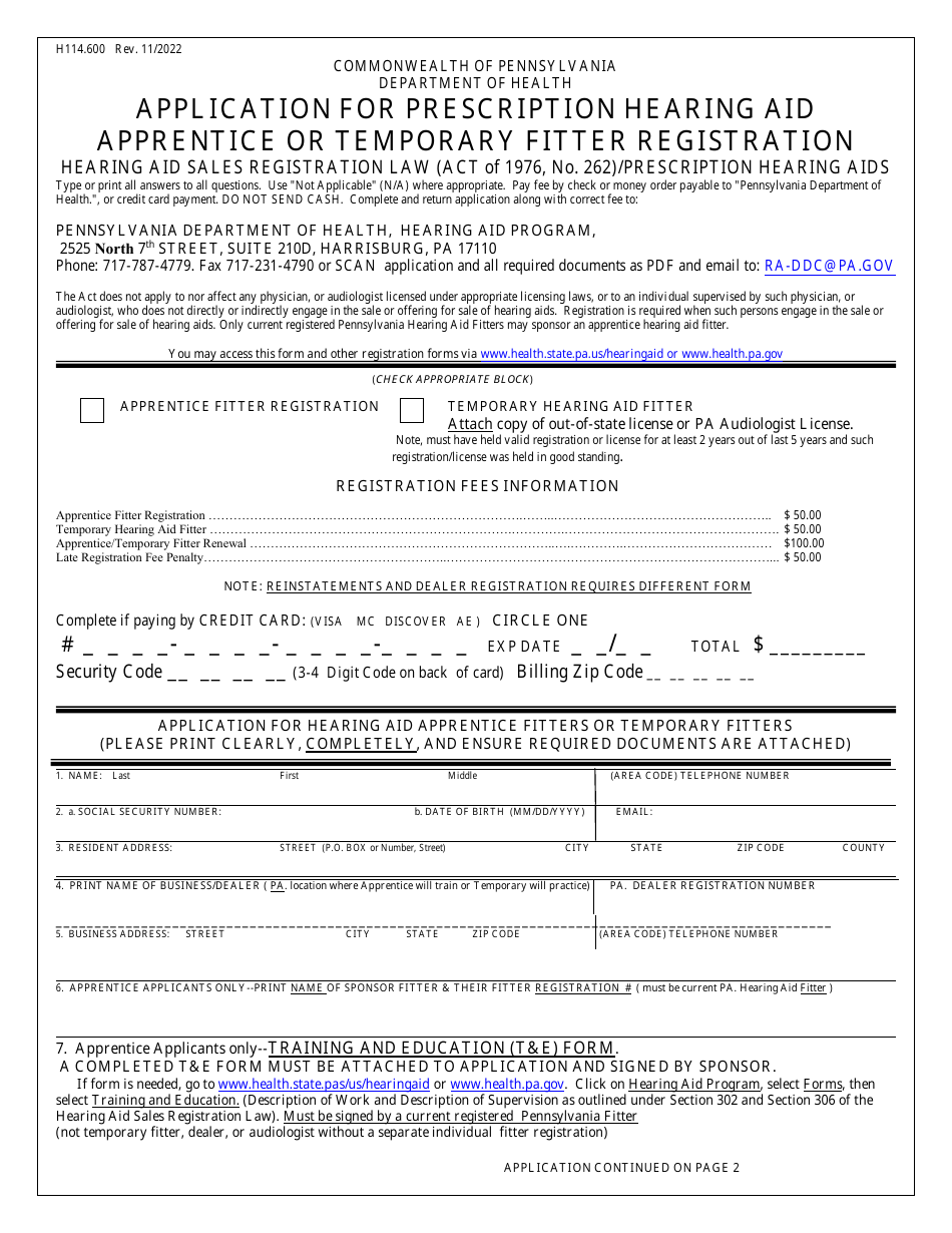 Form H114.600 Download Printable PDF or Fill Online Application for ...