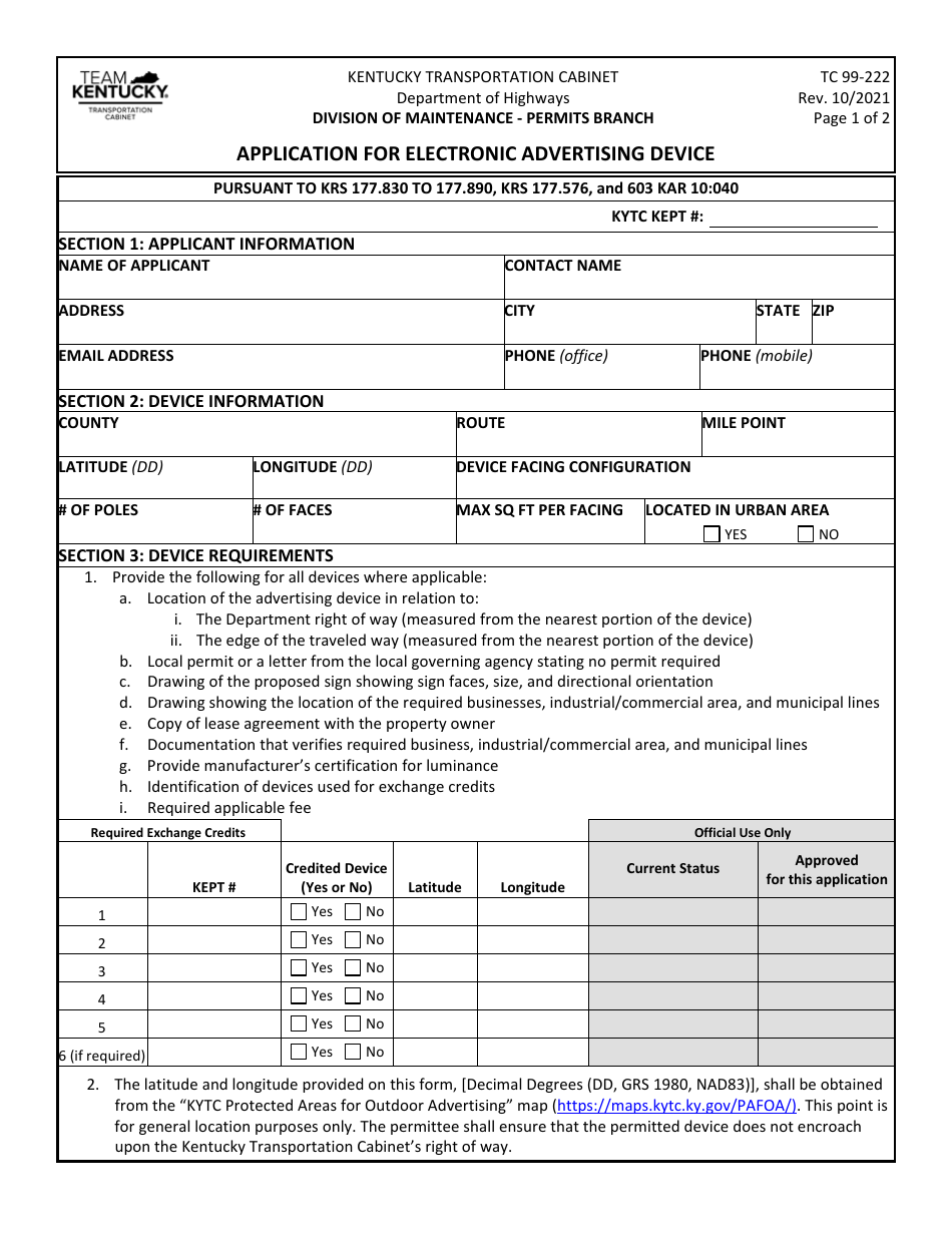 Form TC99-222 Download Printable PDF or Fill Online Application for ...