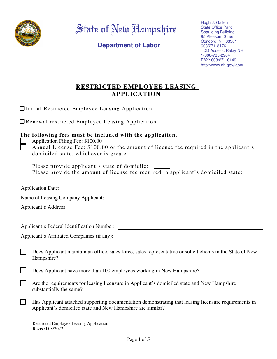 New Hampshire Restricted Employee Leasing Application - Fill Out, Sign ...